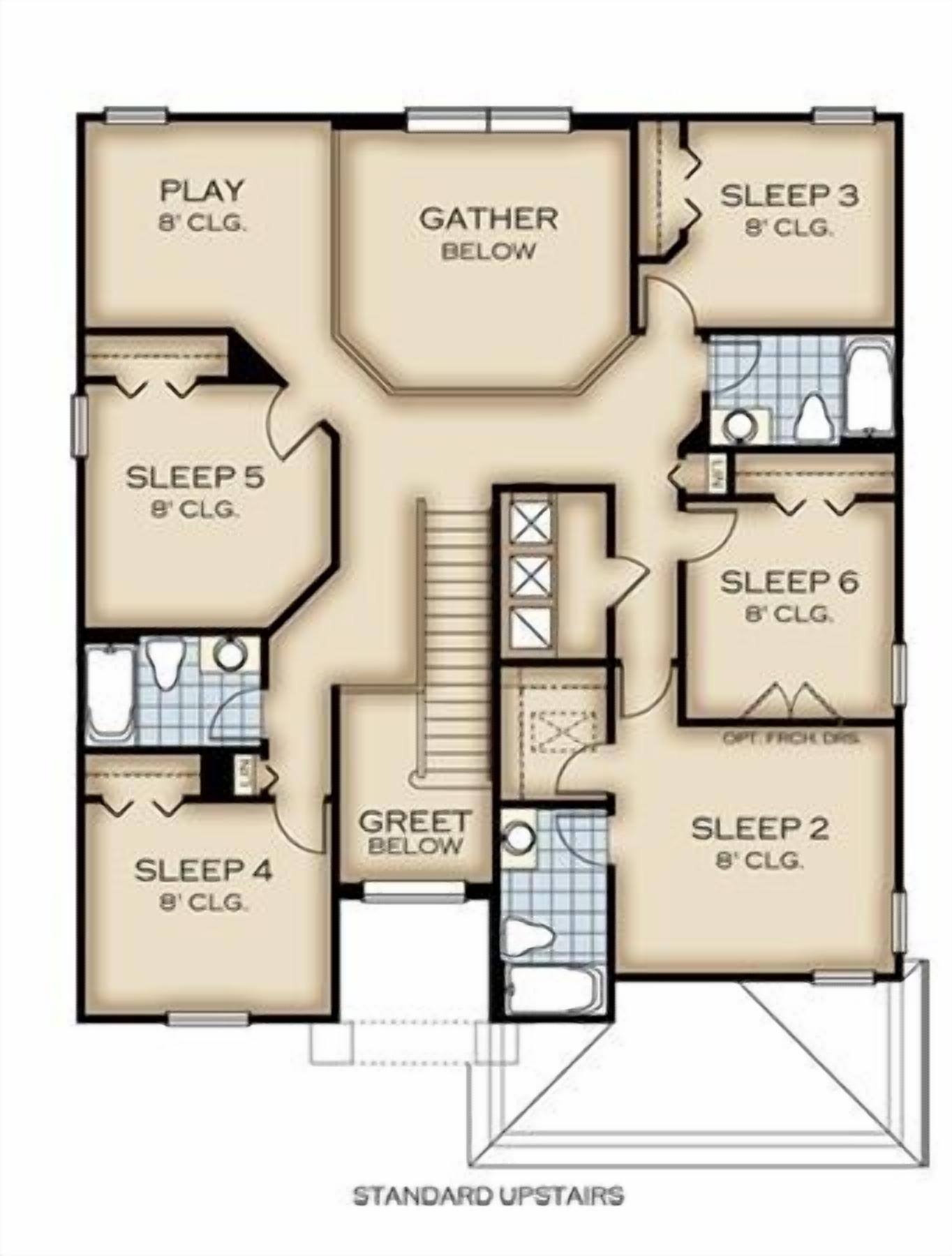 Planta baixa de um hotel com seis quartos, área de recreação, espaço para reuniões e acesso padrão ao andar superior.