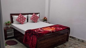 Quarto com cama, mesa de cabeceira, planta em vaso e manta vermelha.