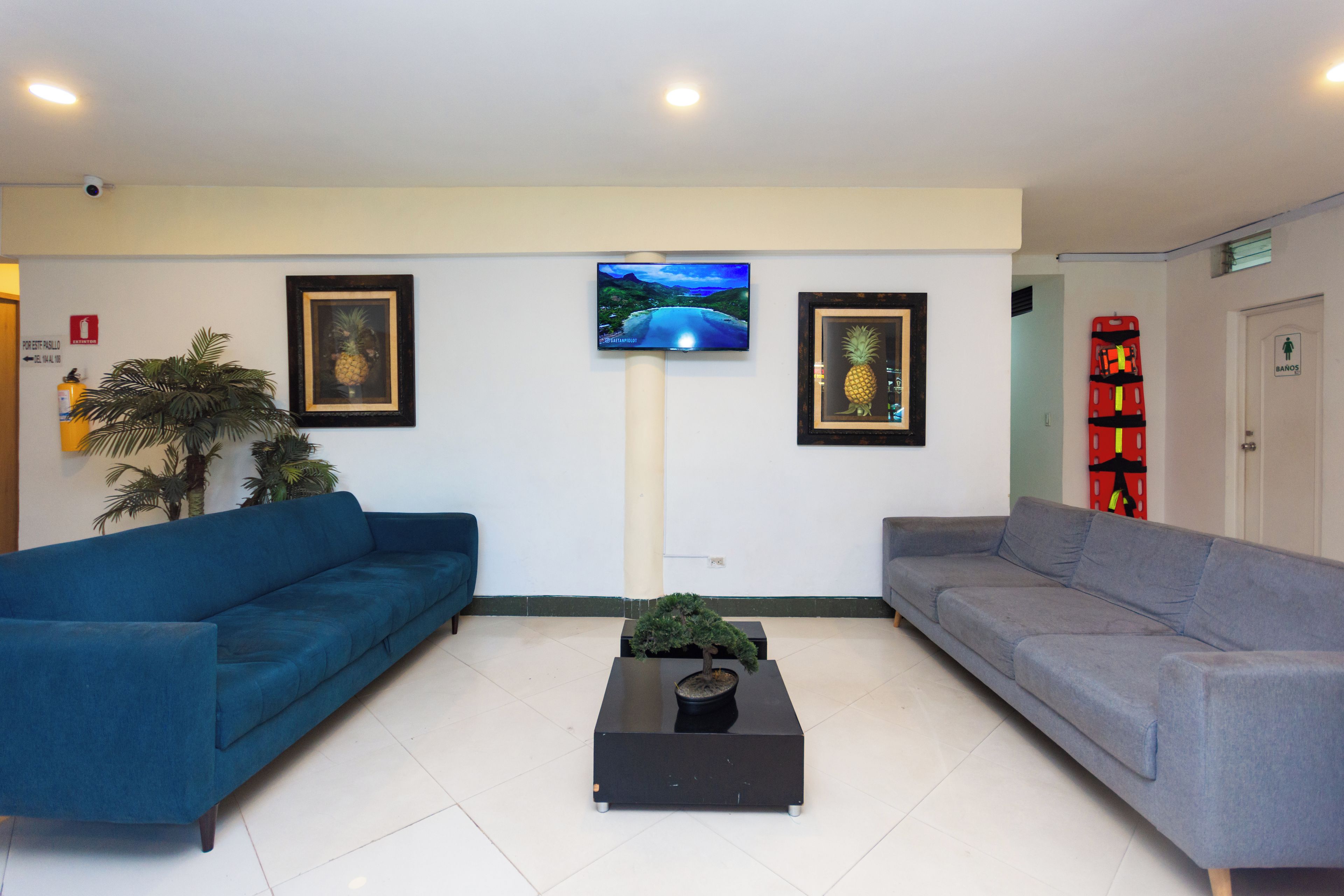Uma área de recepção com dois sofás, uma mesa de centro e quadros nas paredes.