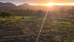 Uma mesa de piquenique em um campo gramado, com montanhas ao fundo.