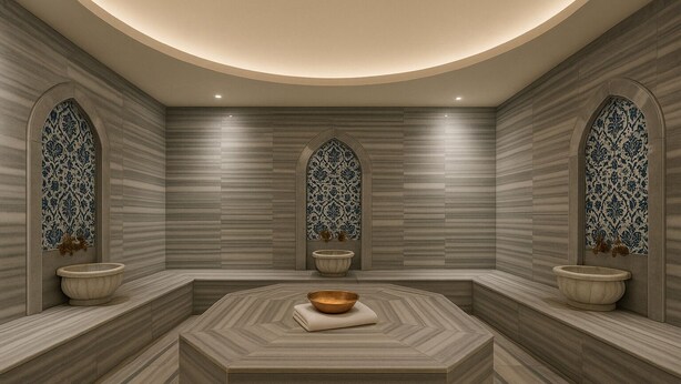 Um quarto de spa com área de estar central, duas pias laterais e azulejos decorativos nas paredes.