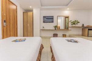Quarto de hotel com duas camas, televisão, espelho, planta e pequeno espaço com utensílios de cozinha.