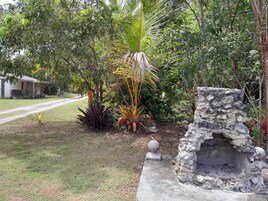 Um jardim com uma estrutura de pedra, diversas plantas e um caminho.