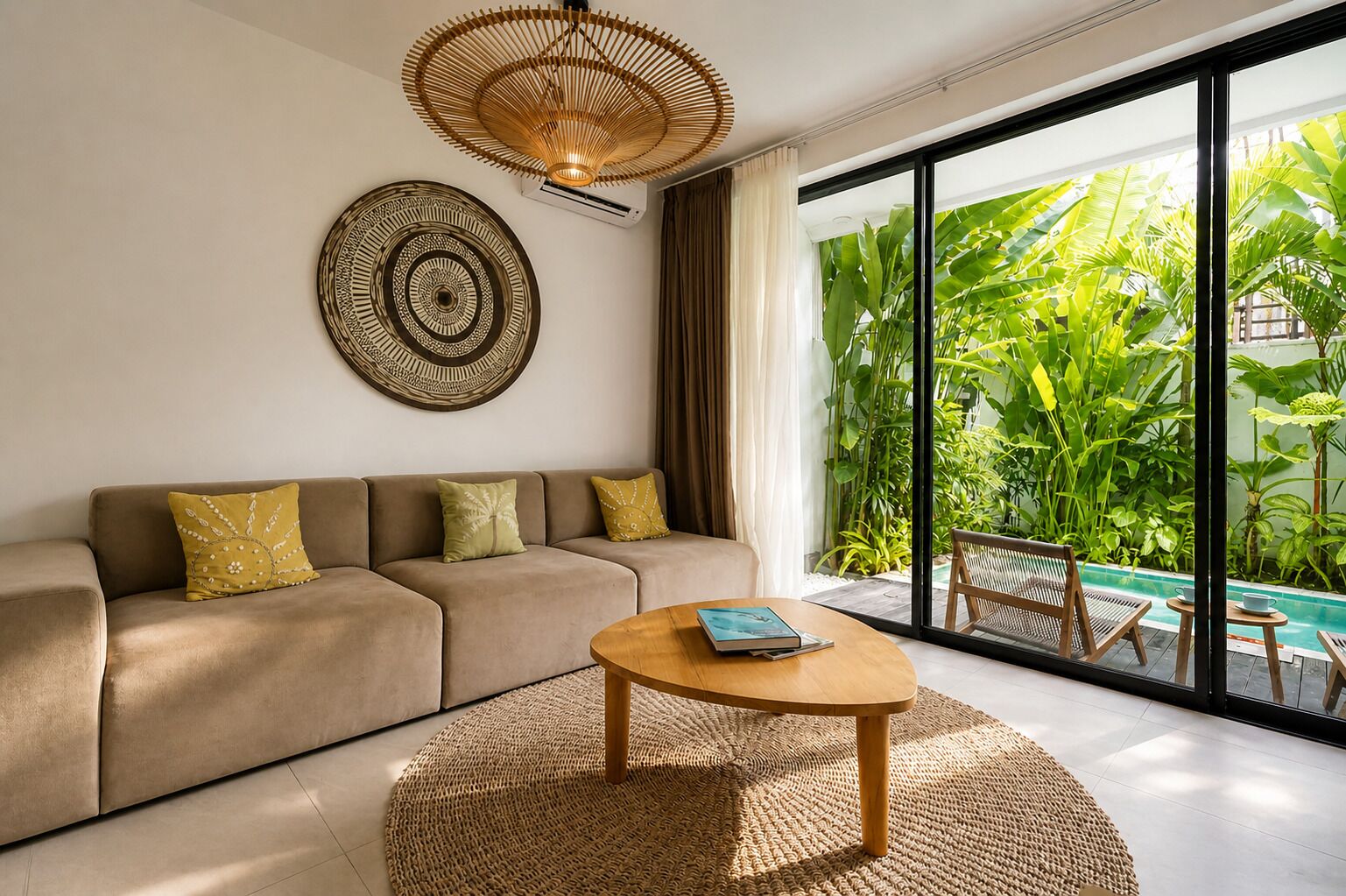 Uma sala de estar moderna com sofá, mesa de centro redonda e uma janela grande com vista para vegetação exuberante.
