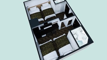 Planta 3D de um quarto de hotel, com cama, duas mesas de cabeceira, banheiro e uma pequena área de estar.