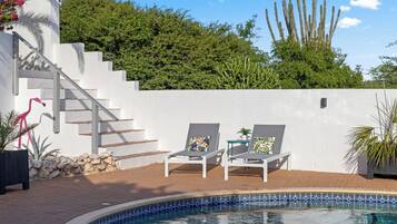 Piscina com duas espreguiçadeiras, escada e parede branca com vegetação ao fundo.