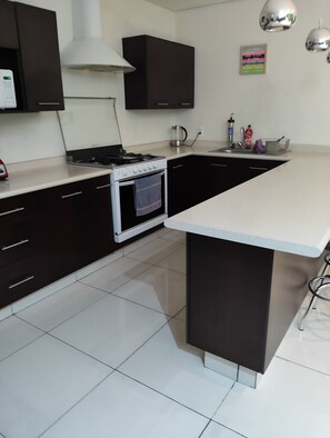 Apartamento família | Cozinha privada | Refrigerador em uma área comum, micro-ondas em uma área comum