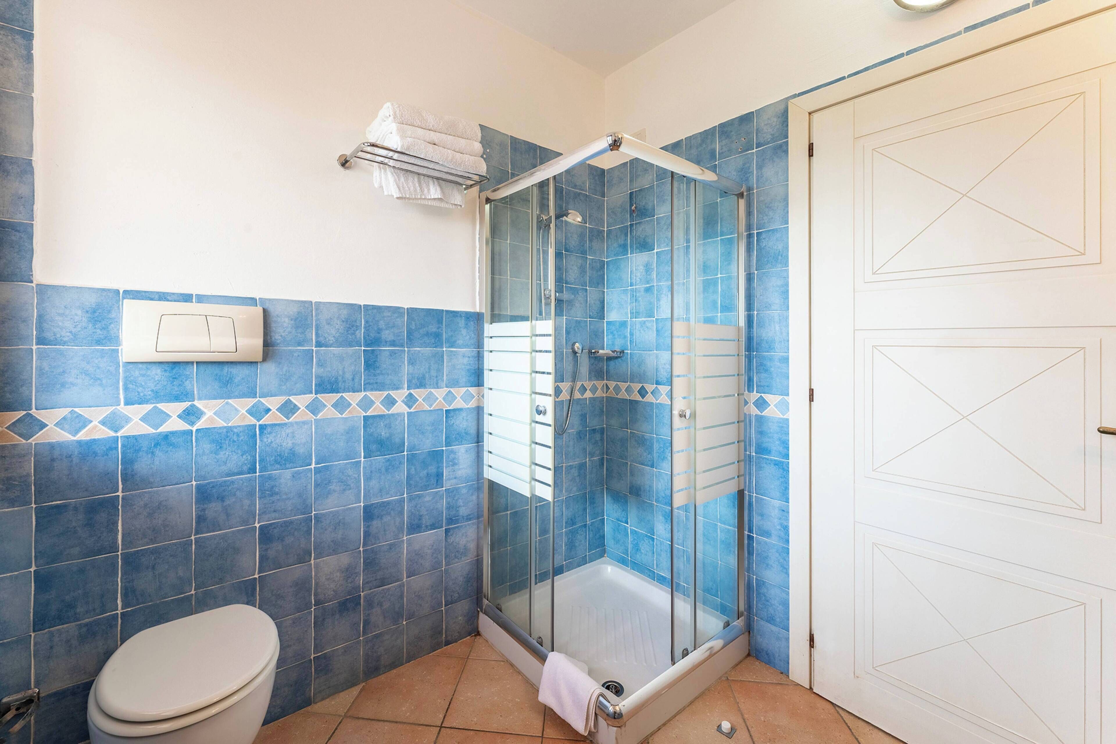 Uma casa de banho com azulejos azuis, cabine de duche em vidro, sanita branca e suporte para toalhas.