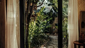 Abertura de porta que dá para um jardim com telhado de palha e luz natural.