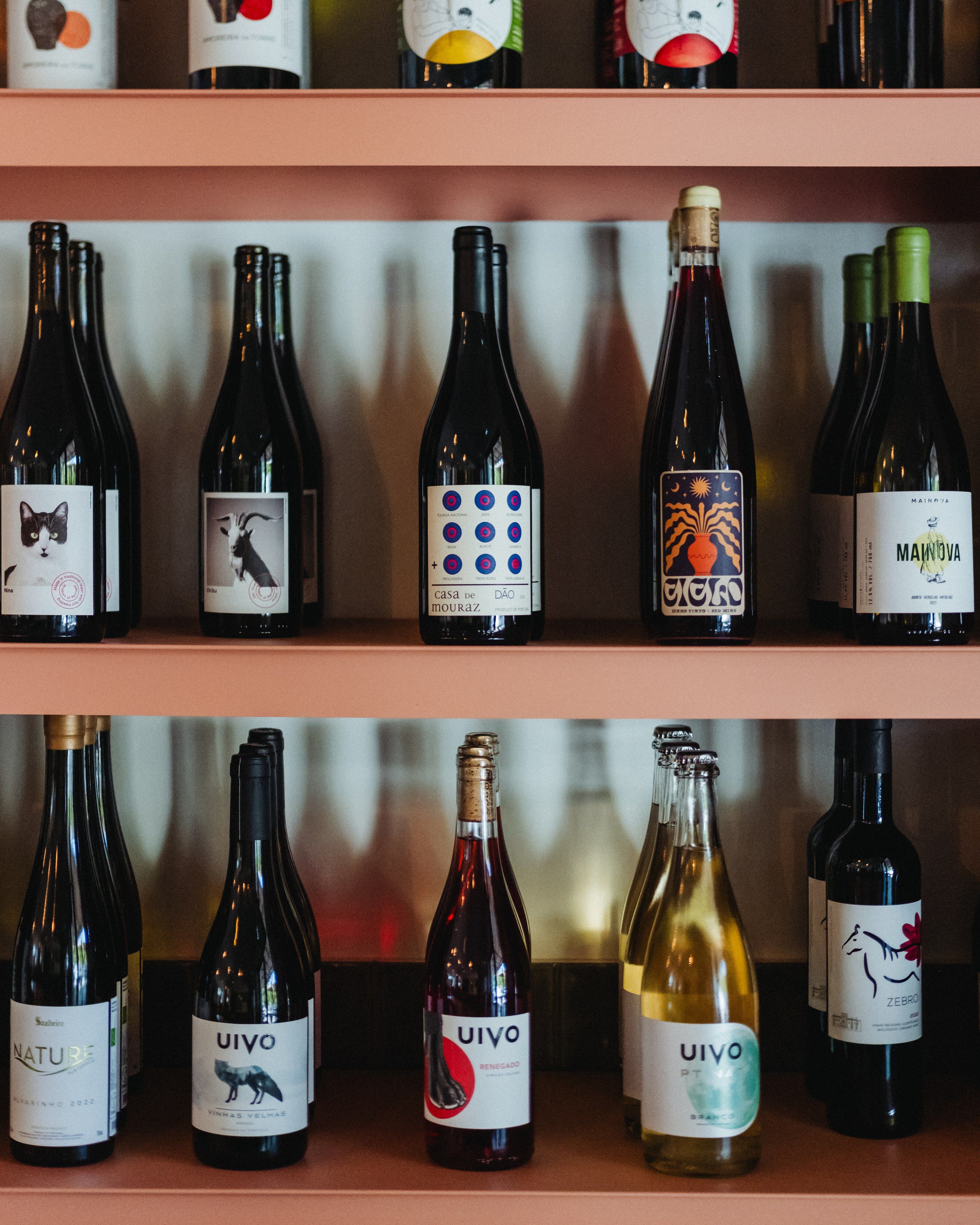 Uma estante de vinhos com diversas garrafas, incluindo algumas com os rótulos 'NINA' e 'MAINOVA'.