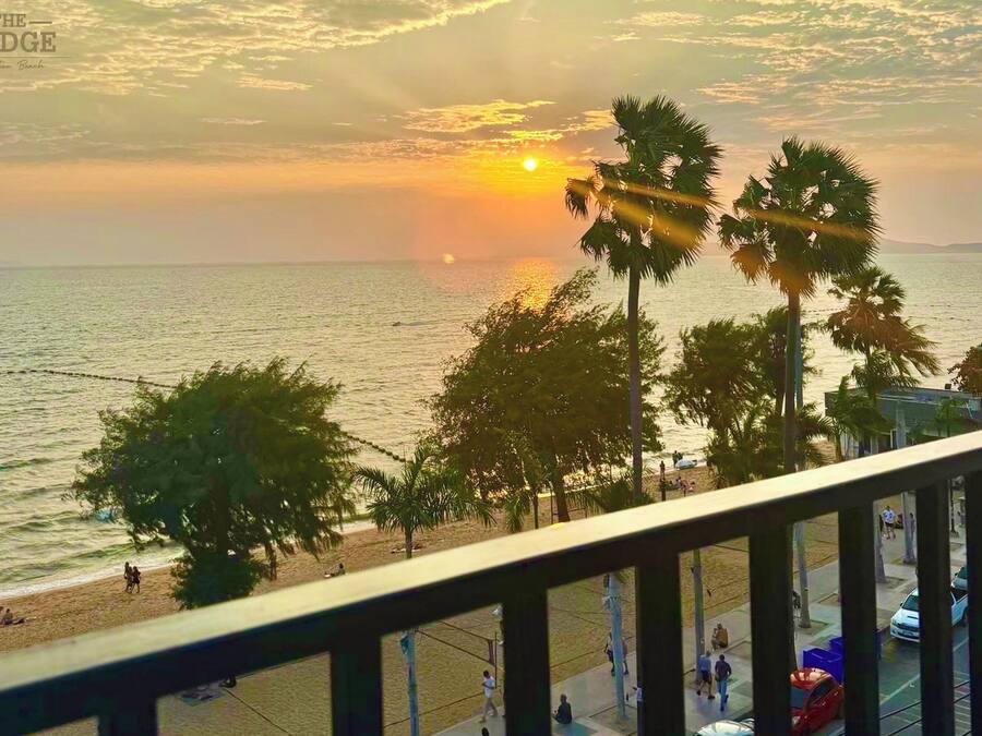 Vista de praia com palmeiras e um pôr do sol.