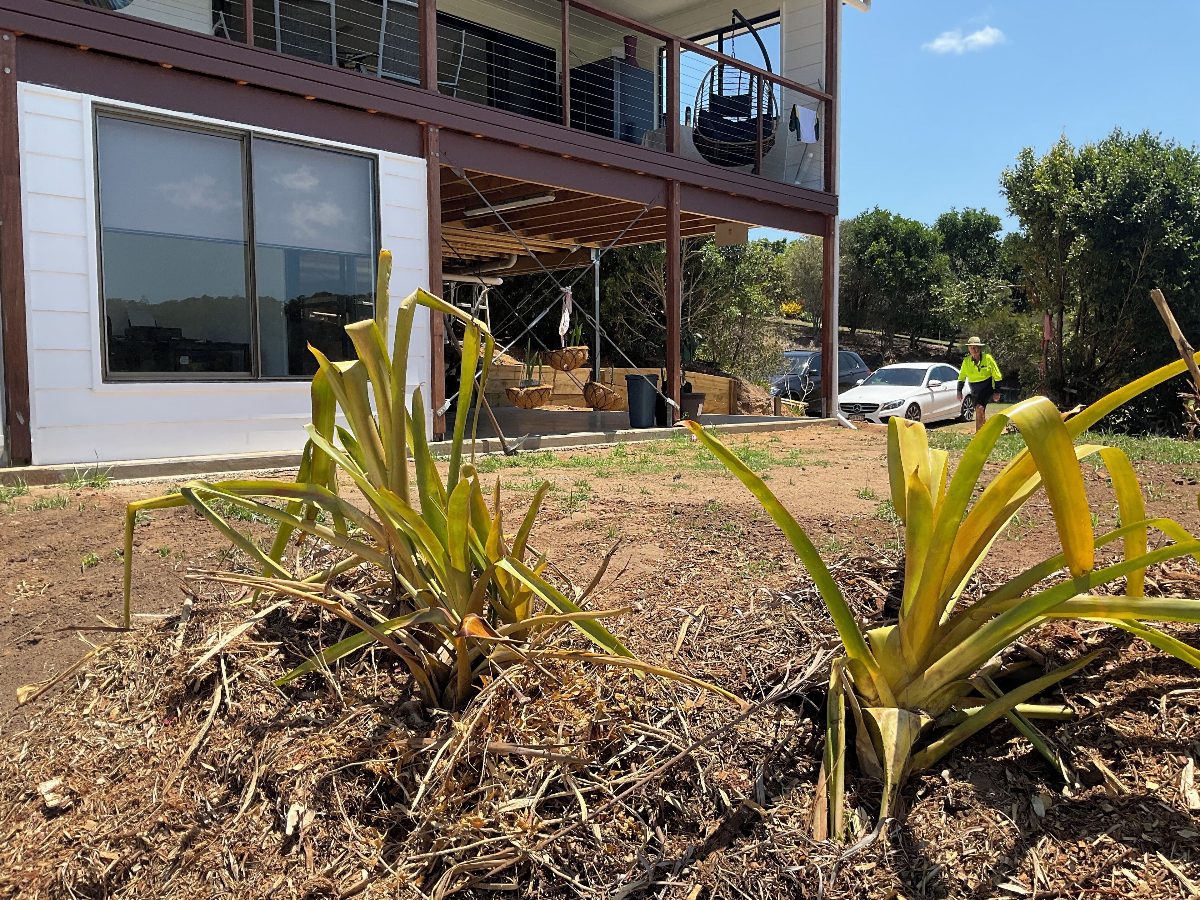 Um edifício moderno com varanda, janelas amplas e área de jardim com plantas.