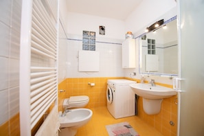 Casa de banho com sanita, máquina de lavar roupa, lavatório e espelho.
