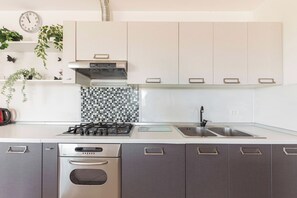 Apartamento lua de mel, vários quartos, ao lado da montanha (Serene Retreat Apartment Martin) | Cozinha privada | Geladeira, fogão, cooktop, lava-louças