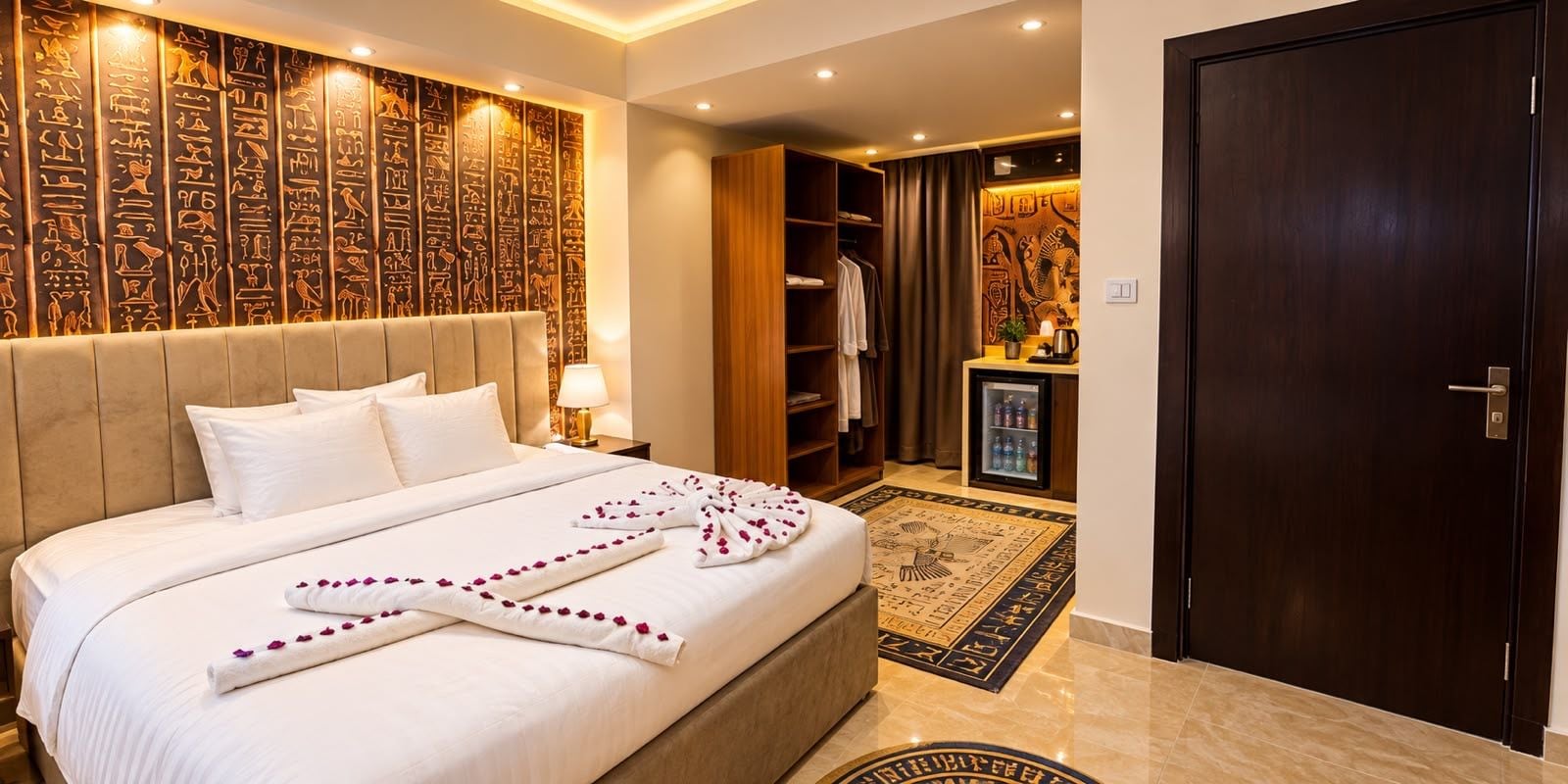 Quarto de hotel com cama grande, guarda-roupa, banheiro e porta.