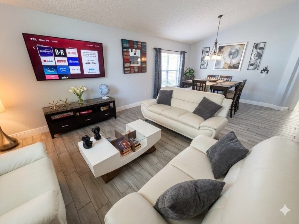 Sala moderna com sofá, mesa de centro e TV na parede exibindo serviços de streaming.
