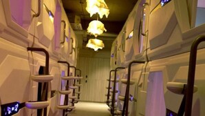 Uma fileira de beliches com apoios de cabeça individuais e painéis de controle, piso coberto de carpete e iluminação pendente.