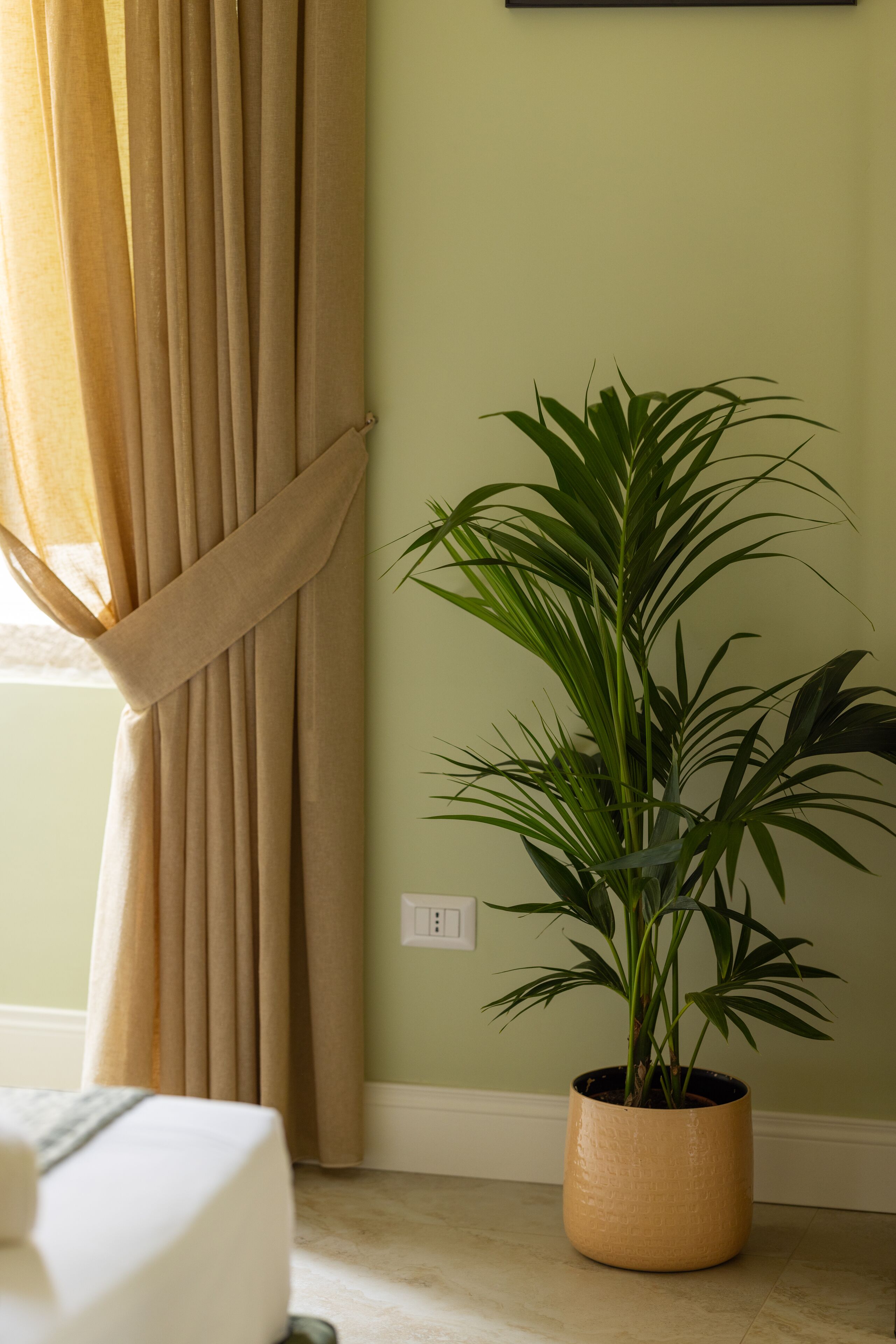 Quarto com planta em vaso, cortinas bege e cama branca.