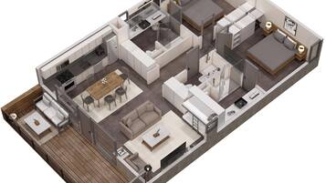 Planta baixa em 3D de um quarto de hotel com cozinha, sala de estar, varanda e banheiro.