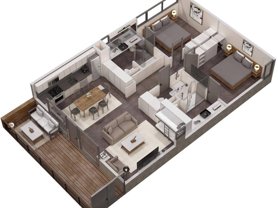 Planta baixa em 3D de um quarto de hotel com cozinha, sala de estar, varanda e banheiro.