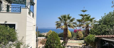 Um edifício costeiro com varanda com vista para o mar, cercado por palmeiras e outras plantas.