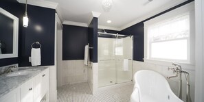 Quarto elite, vista para a cidade | Banheiro | Banheira e chuveiro separados, banheira de imersão