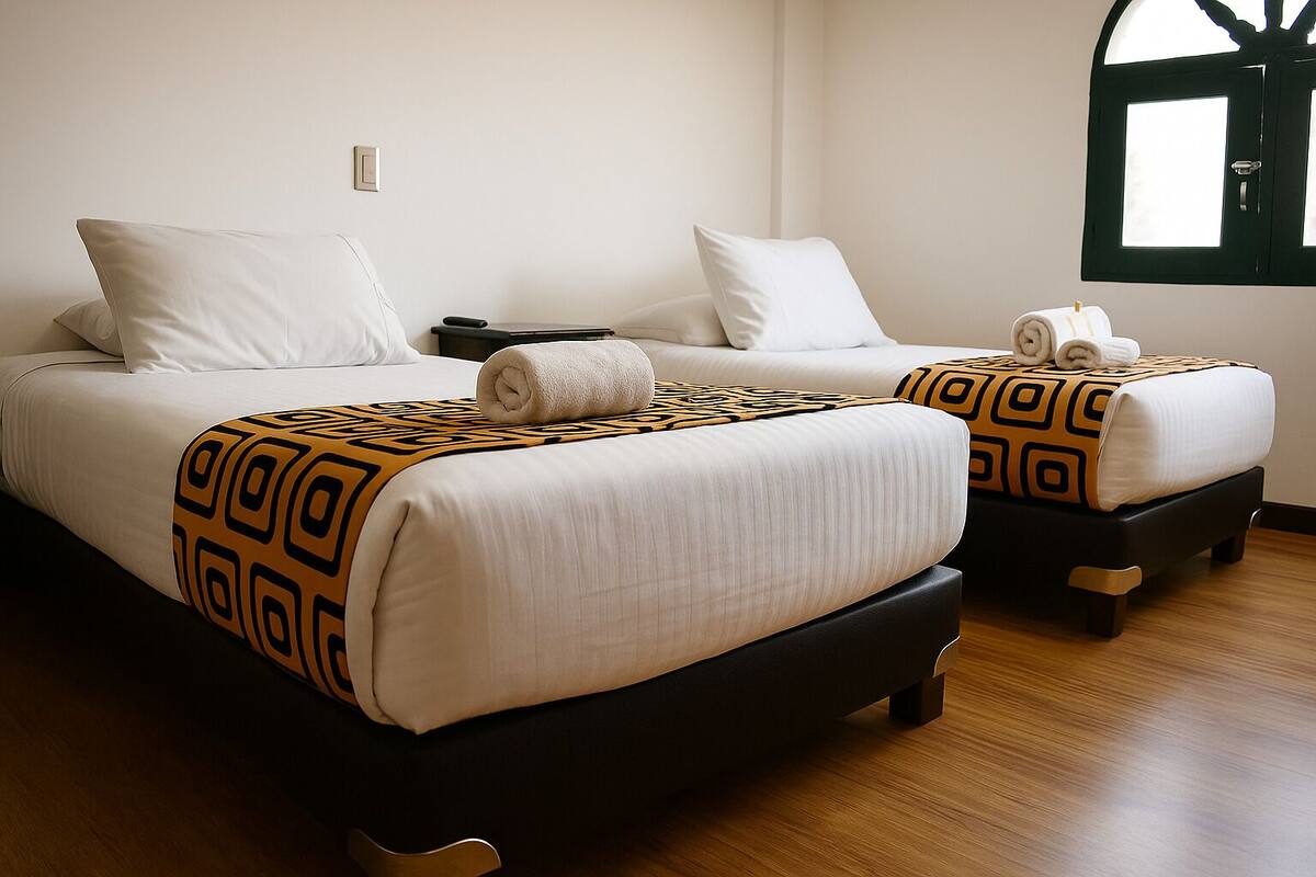 Quarto de hotel com duas camas, cada uma com lençóis brancos e um cobertor estampado. O chão é de madeira e há uma janela com moldura preta.