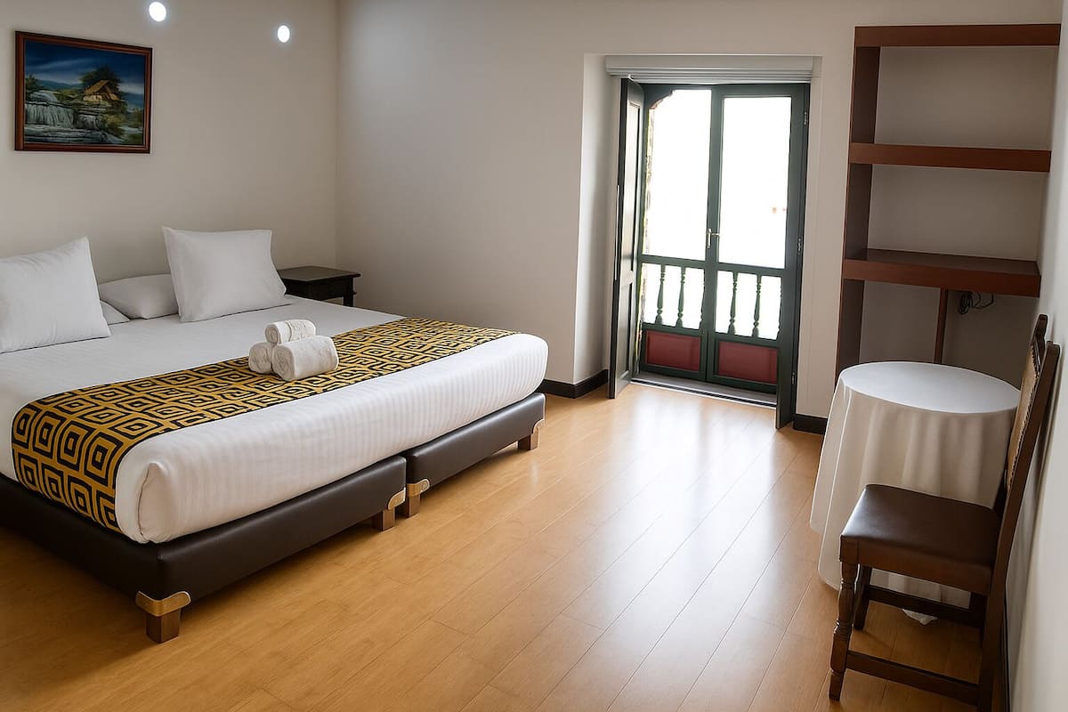 Quarto de hotel com uma cama grande, piso de madeira, varanda com guarda-corrimão vermelho e uma pequena mesa com uma cadeira.