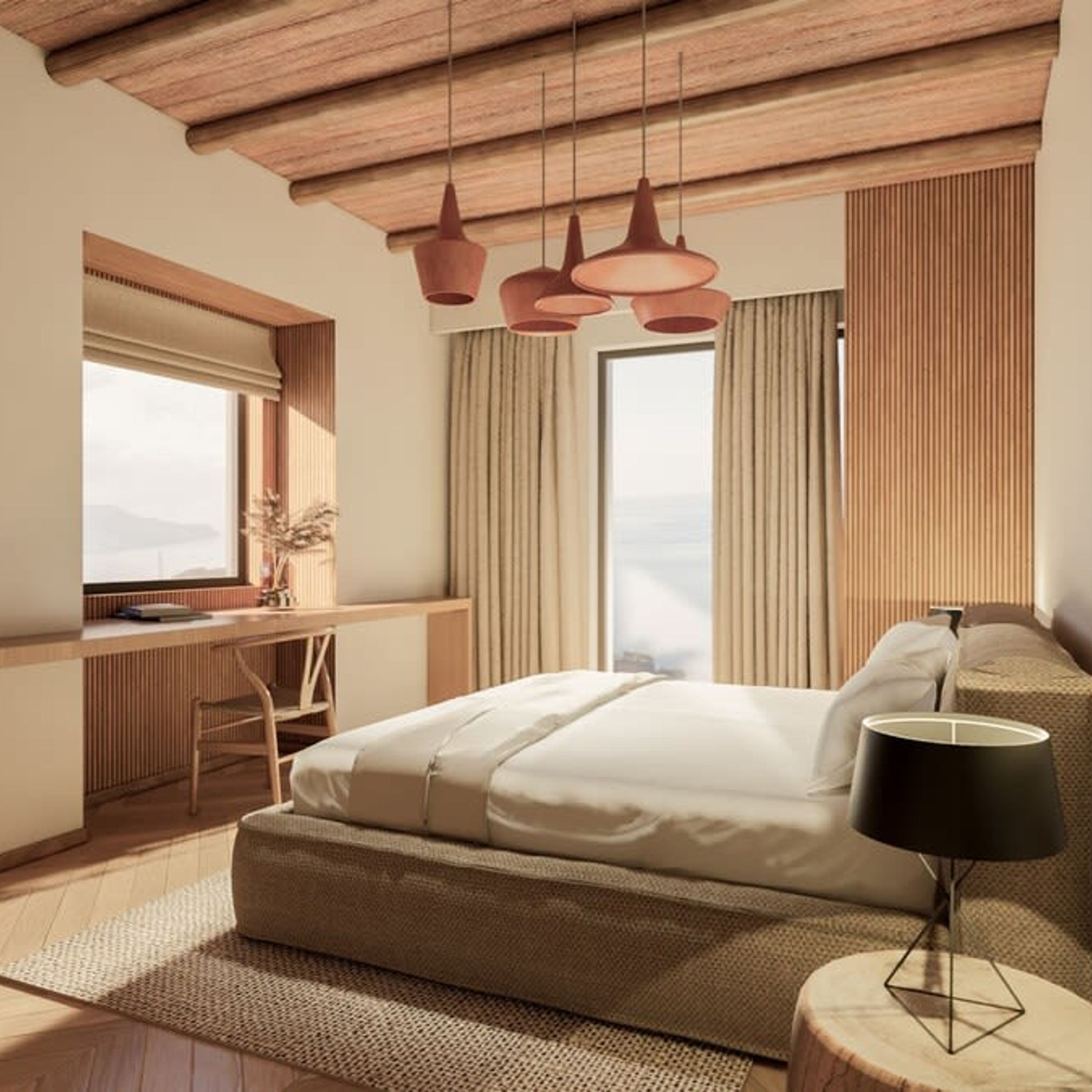 Quarto moderno com teto de madeira, uma cama grande, uma escrivaninha e uma janela com cortinas.