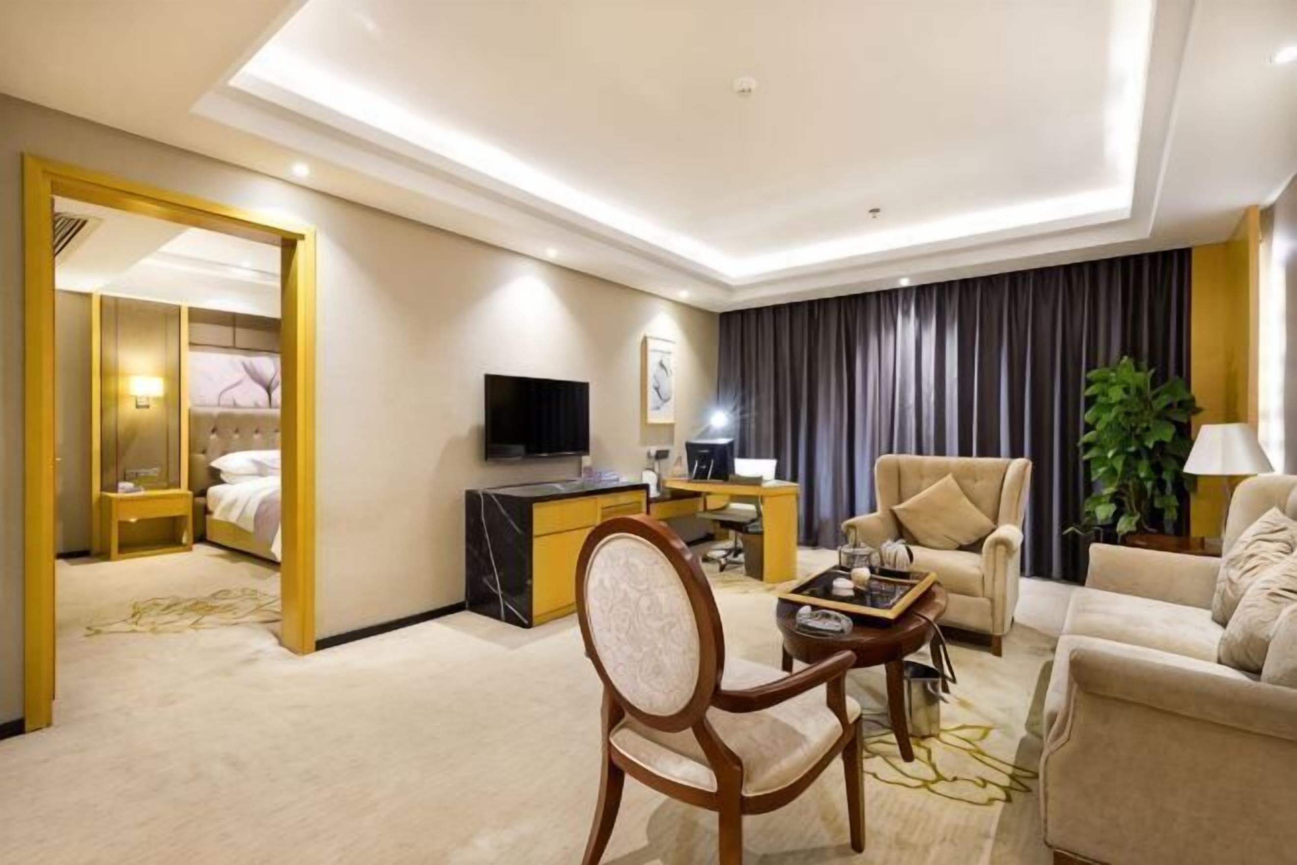 Quarto de hotel com cama, escrivaninha, televisão, cadeira, sofá e uma planta.