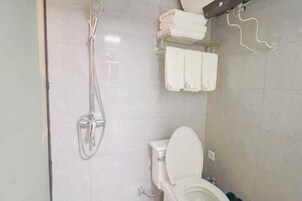 Casa de banho com chuveiro, sanita e porta-toalhas.