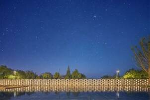 Céu noturno com estrelas sobre um espelho d'água, rodeado por árvores e uma parede de tijolos.