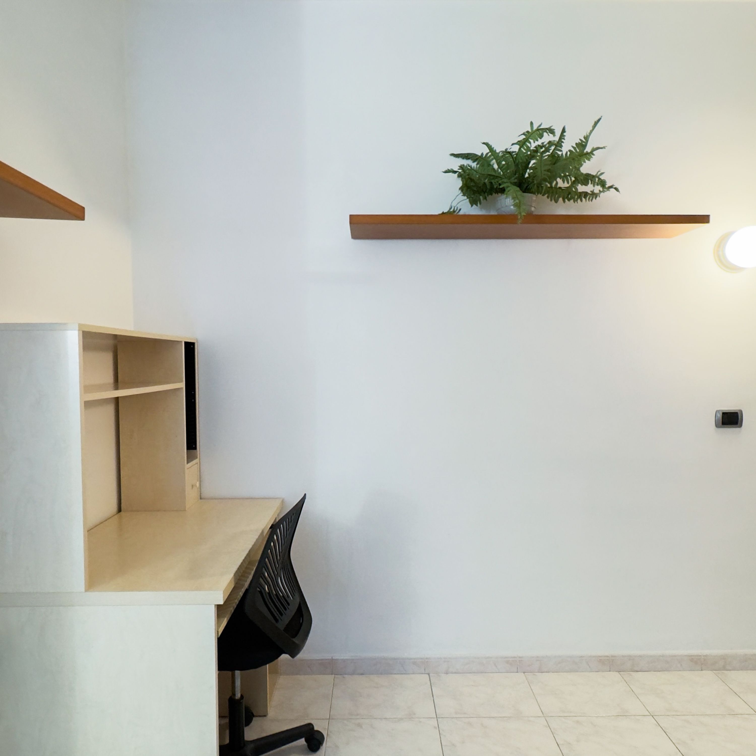 Um espaço de escritório moderno com uma mesa, uma cadeira e uma estante com uma planta.