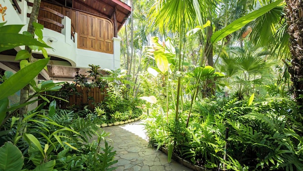 Um jardim tropical com um caminho de pedra que leva a um edifício de madeira com varandas.