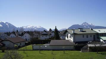 Um bairro residencial com casas, um gramado verde e montanhas nevadas ao fundo.