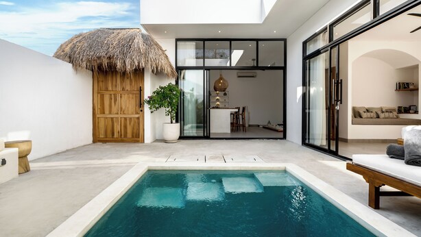 Uma área de piscina moderna ao ar livre com um telhado de palha, uma porta de madeira e um vaso de planta.