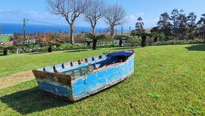 Um barco azul em um campo gramado, com árvores e vista para o oceano ao fundo.