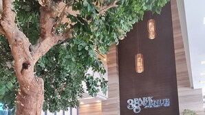Um lobby com uma árvore grande, grama artificial, um balcão de recepção e uma placa indicando '3 PARKING'.