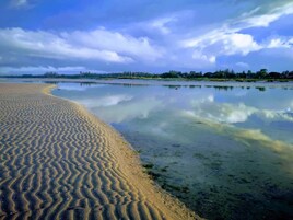 Uma praia com areal arenoso e águas calmas refletindo o céu.