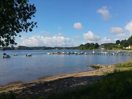 Um lago tranquilo com barcos atracados em um cais, cercado por vegetação e casas.