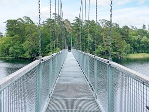 Uma ponte suspensa com grades metálicas e uma passarela sobre a água, cercada por vegetação densa.