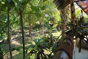 Um jardim exuberante com diversas plantas e árvores tropicais, uma estrutura com telhado de palha e um caminho pavimentado.