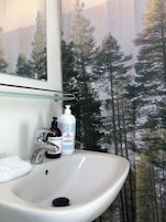 Um polibã, um chuveiro fixo, um secador de cabelo, toalhas fornecidas