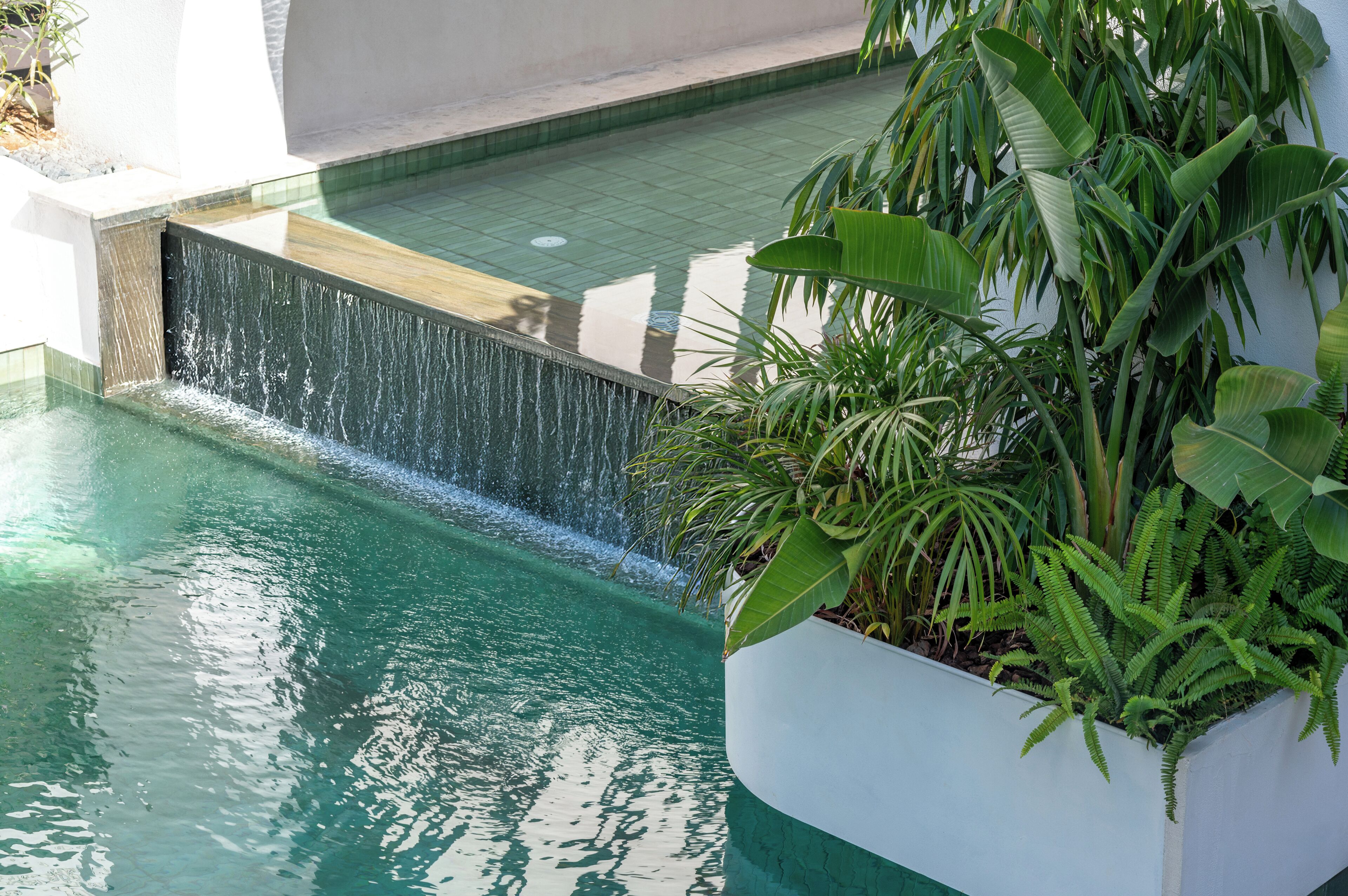 Piscina com cascata, cercada por vegetação exuberante e um deck revestido com azulejos.