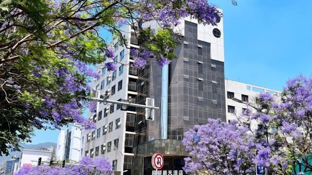 Um edifício de hotel moderno com fachada preta e branca marcante, rodeado por árvores com flores roxas.