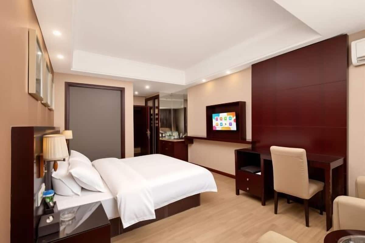 Quarto de hotel com cama, escrivaninha, cadeira, televisão e espelho.