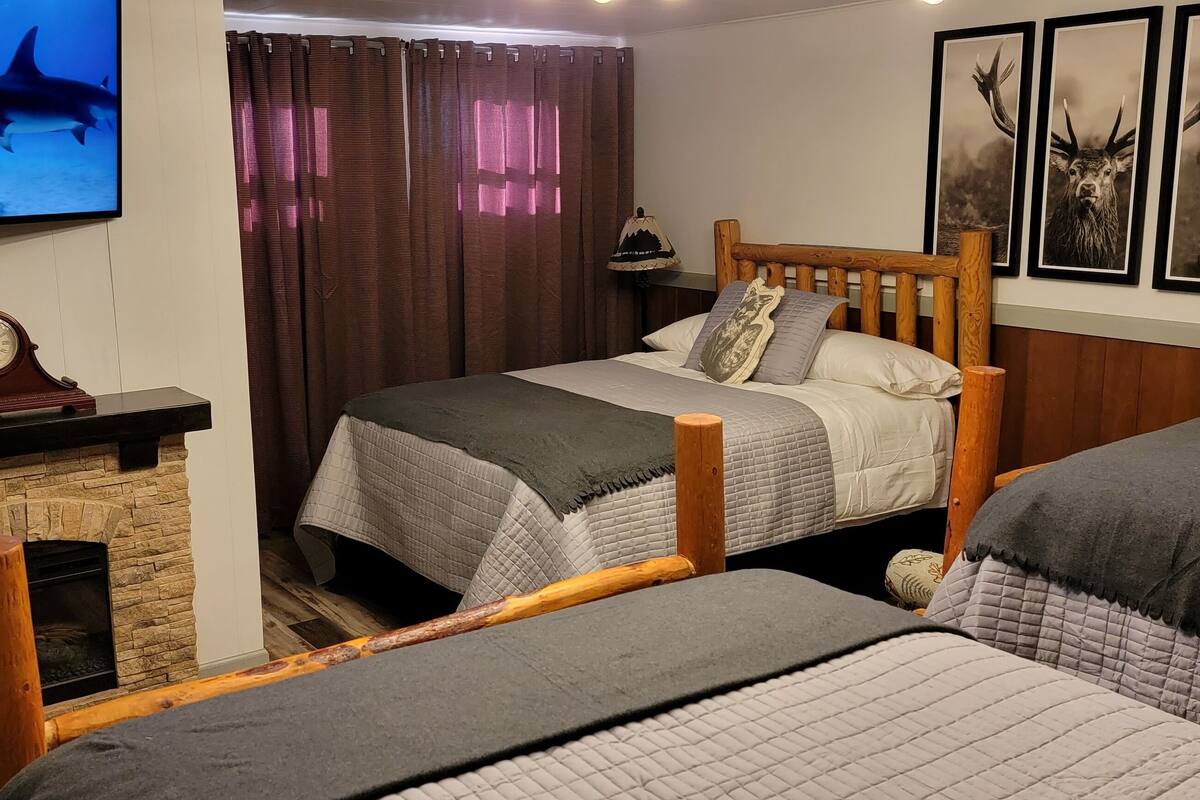 Quarto de hotel com lareira, cama com cabeceira de madeira, televisão exibindo um tubarão e quadros nas paredes.