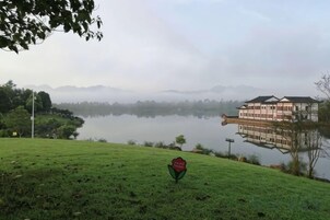 Um lago com um edifício refletido na água, rodeado por vegetação.