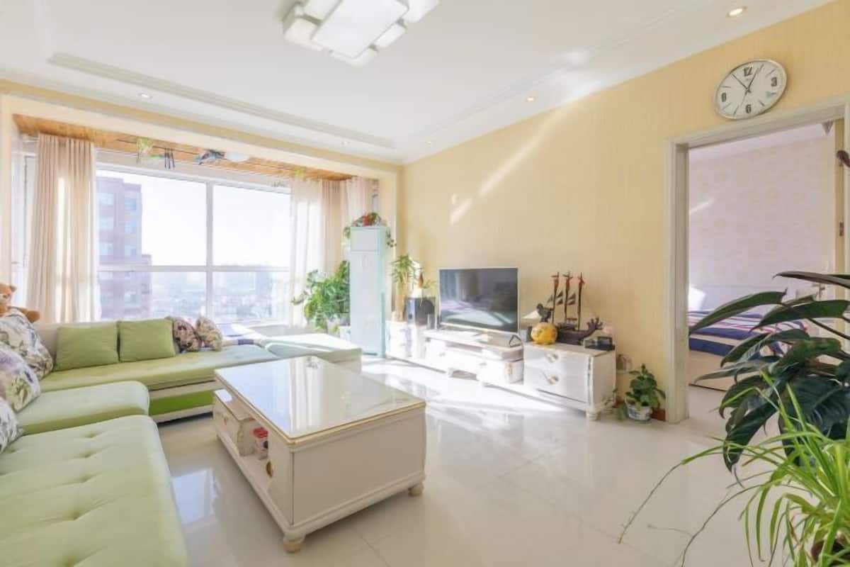 Uma sala de estar moderna com um sofá, uma mesa de centro, uma TV e um relógio na parede.