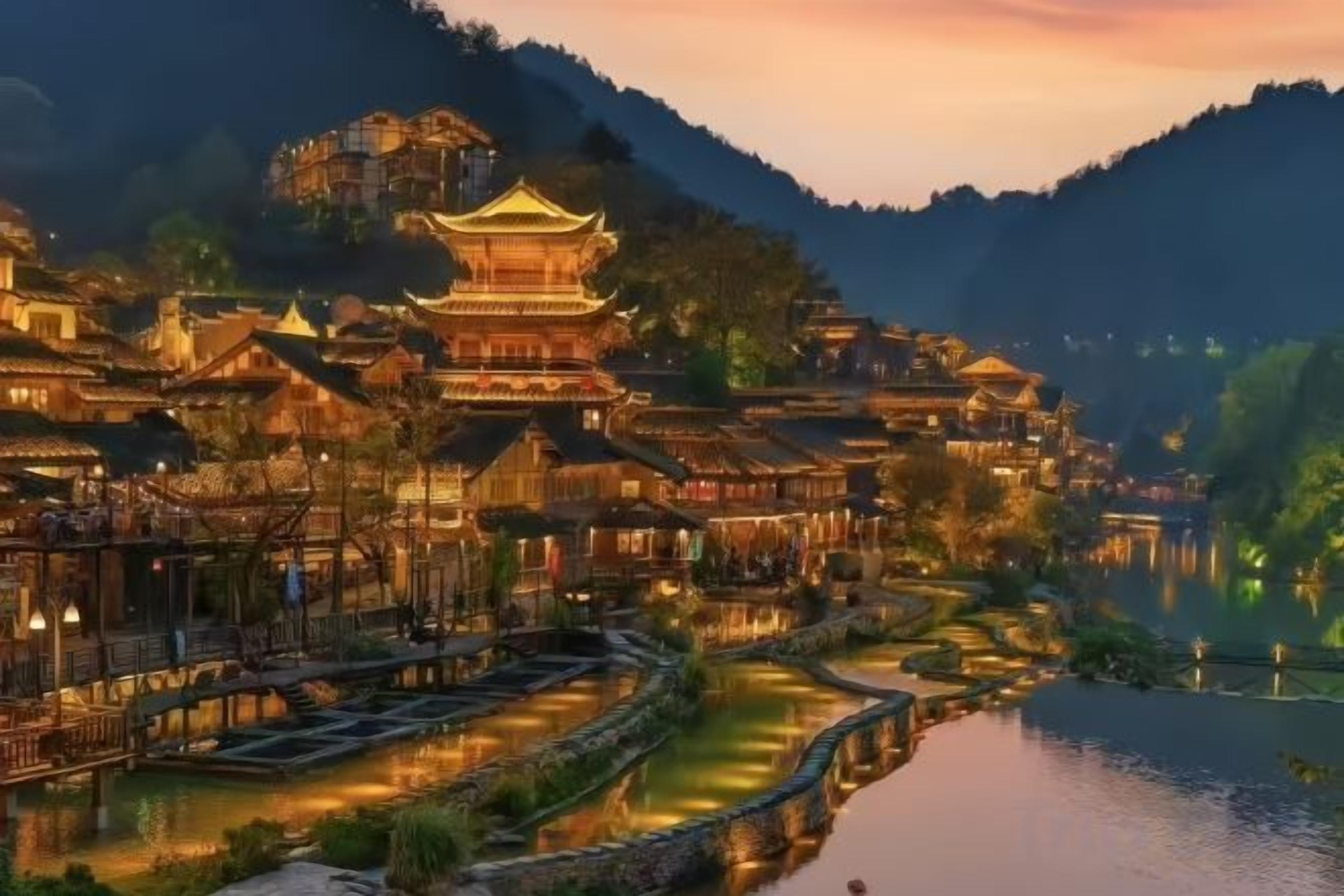 Uma aldeia chinesa tradicional com uma pagoda imponente e um rio refletindo os edifícios.